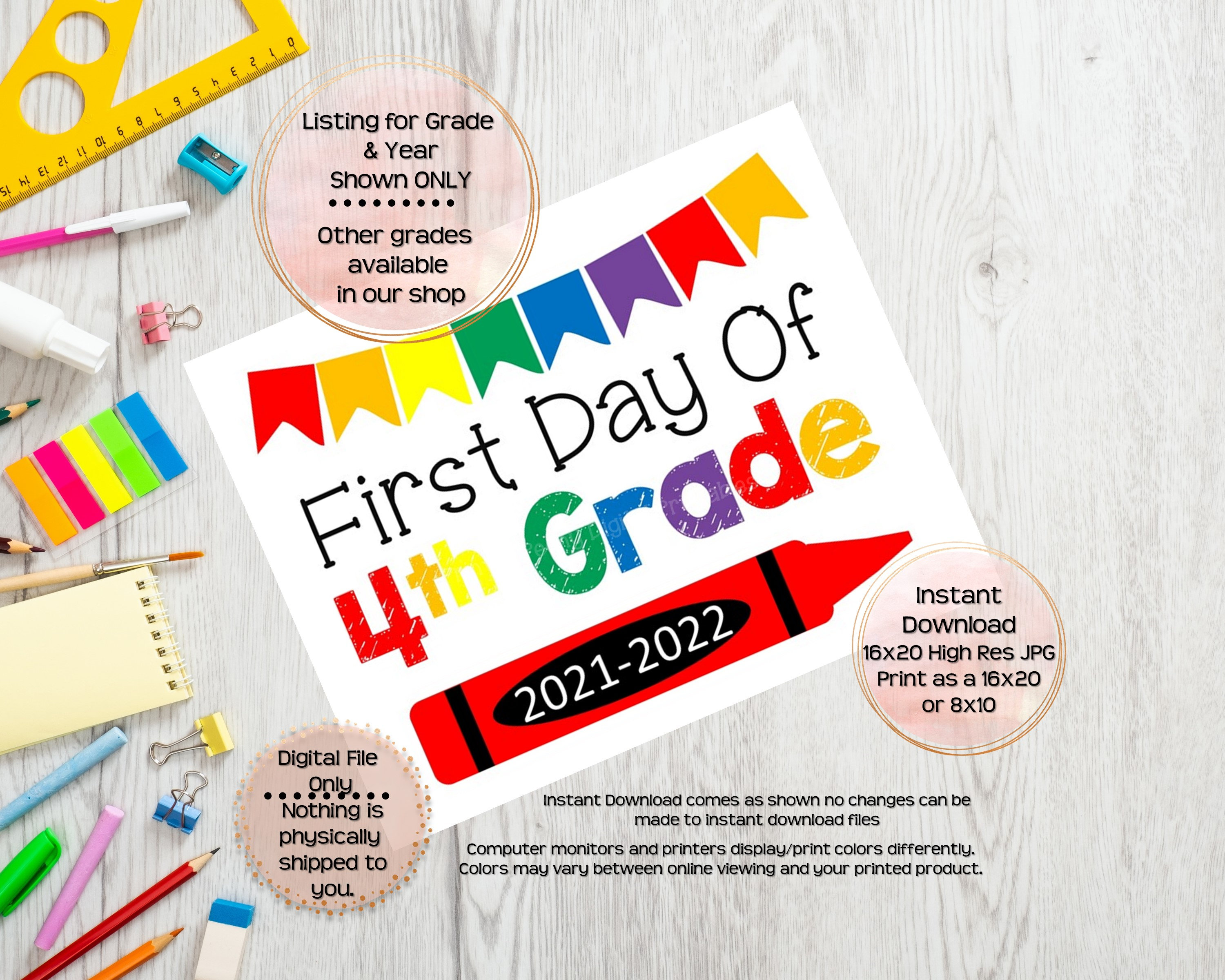 First Day of Fourth Grade Printable Sign First Day of School | Etsy