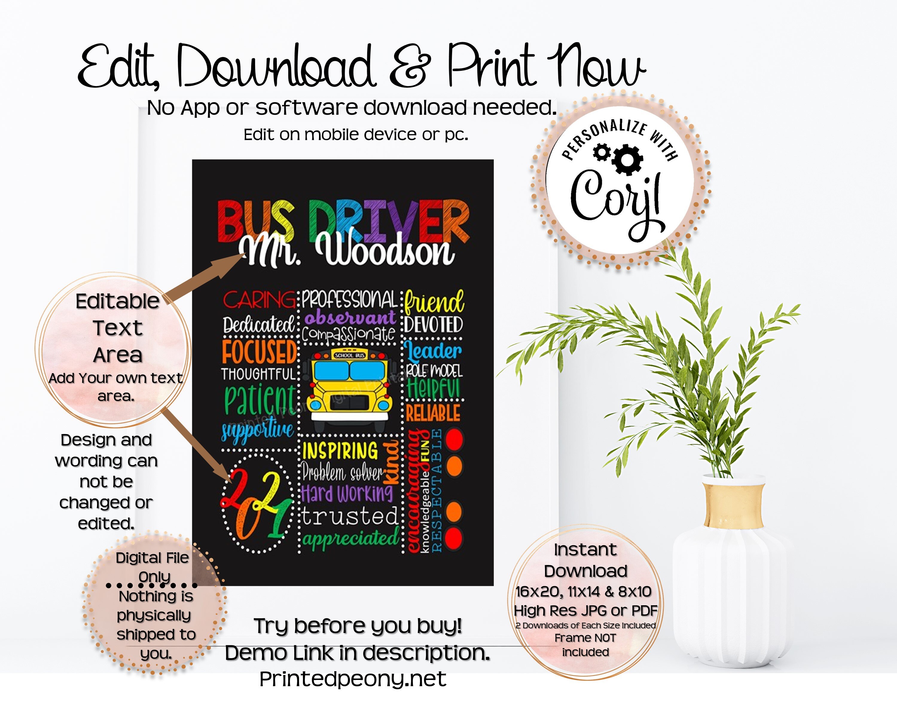 Personalized Printable School Bus Driver Gift Chalkboard Gift for Bus ...
