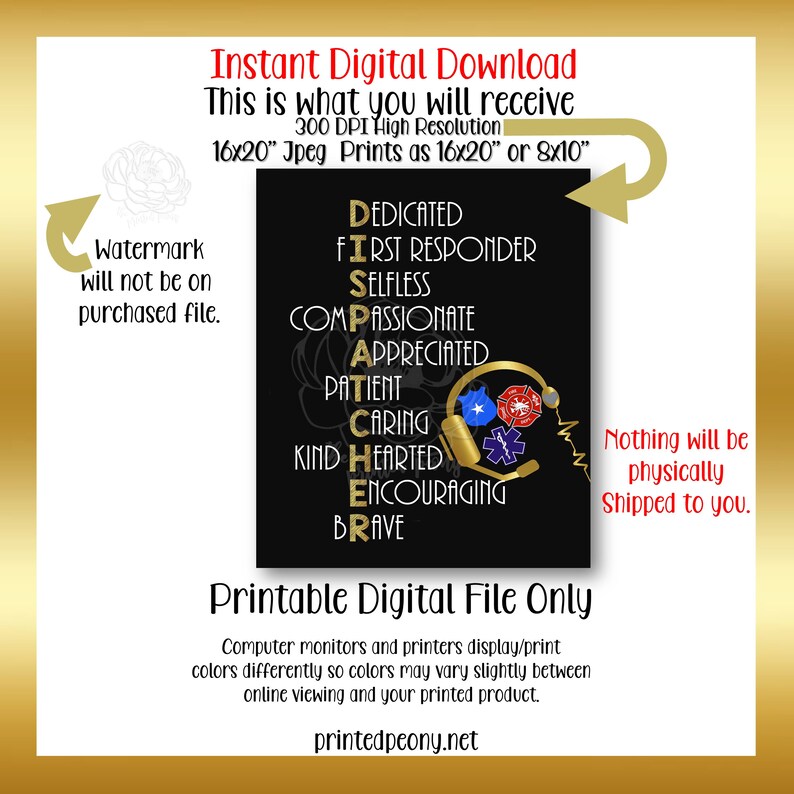 Printable 911 Dispatcher Gift Dispatcher Gift for Dispatcher Thank You ...