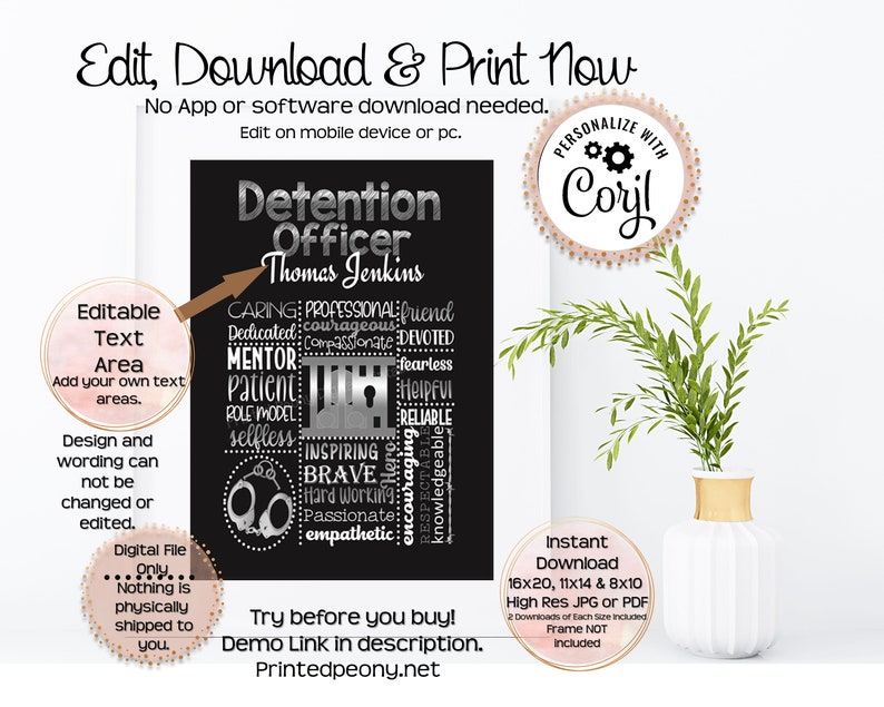 Personalized Printable Detention Officer Gift Chalkboard Gift for CO ...