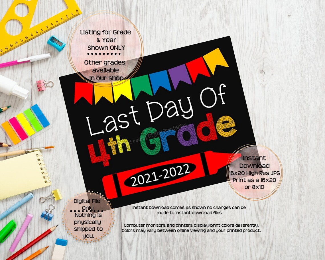 Last Day of Fourth Grade Printable Sign End of School Sign 4th - Etsy