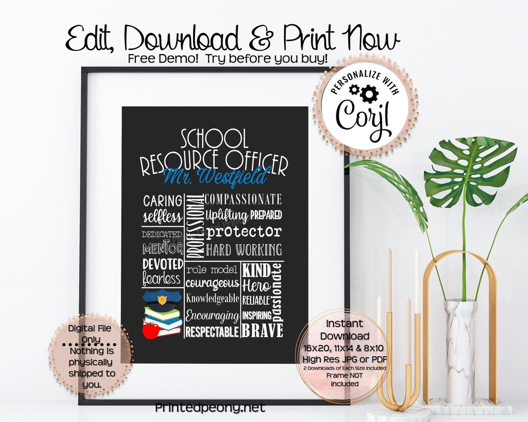 Personalized Printable School Resource Officer Gift Chalkboard Gift for ...