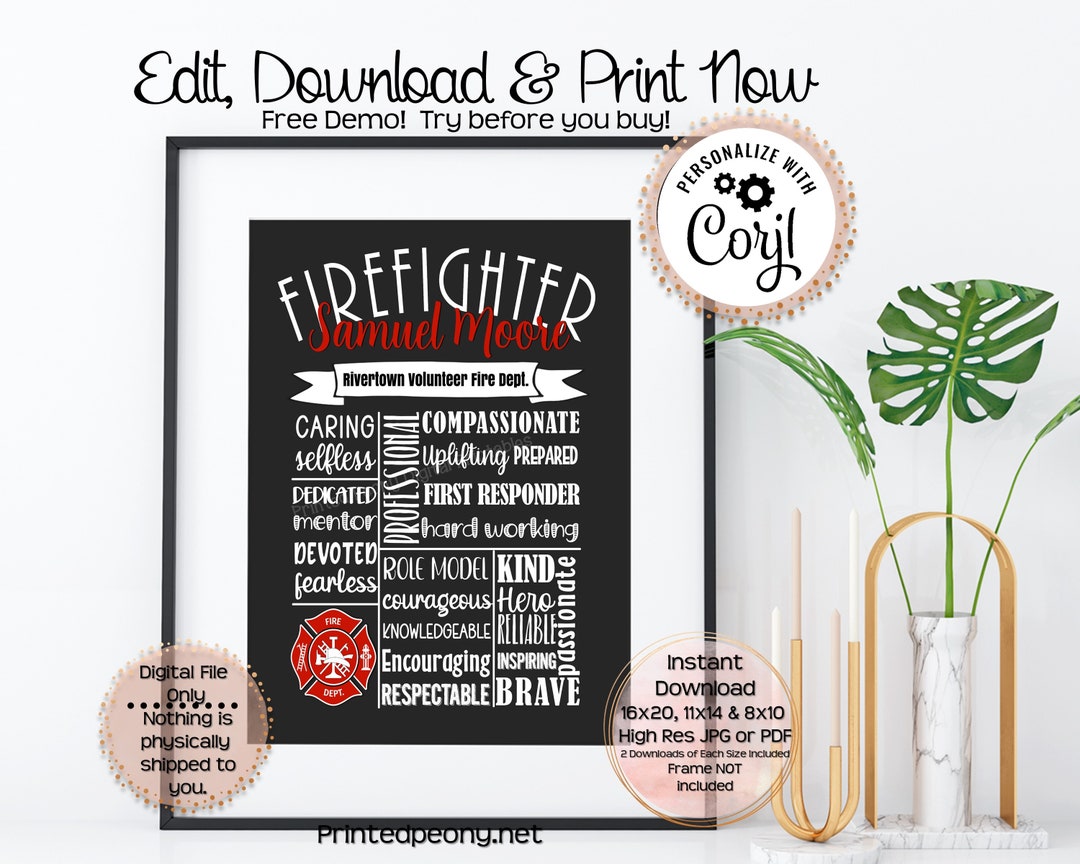 Personalized Printable Firefighter Wall Art Chalkboard Gift for ...