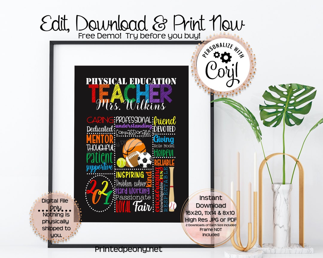 Personalized Printable Physical Education Teacher Gift Chalkboard Gift ...