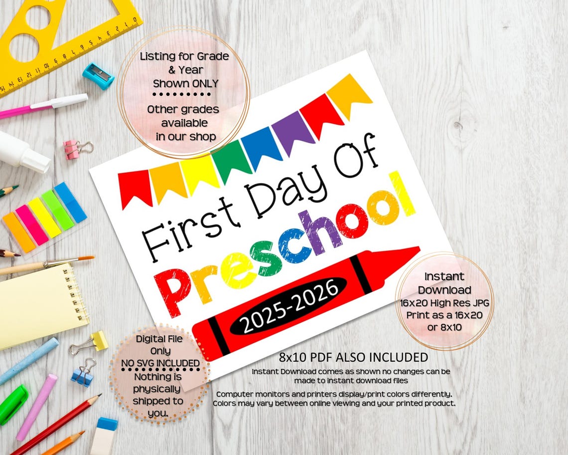 First Day of Preschool Printable Sign 1st Day of School Sign Pre-k ...