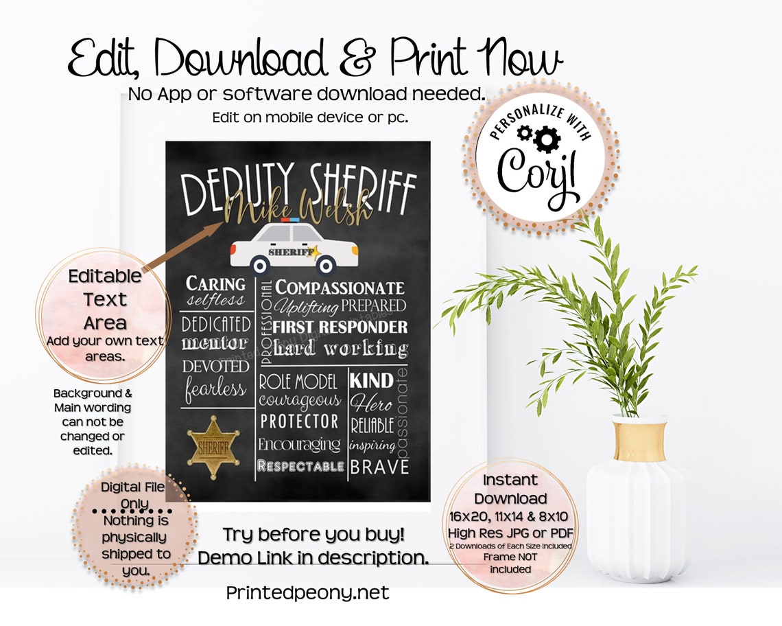 Personalized Printable Deputy Sheriff Wall Art Gift for Deputy Law ...