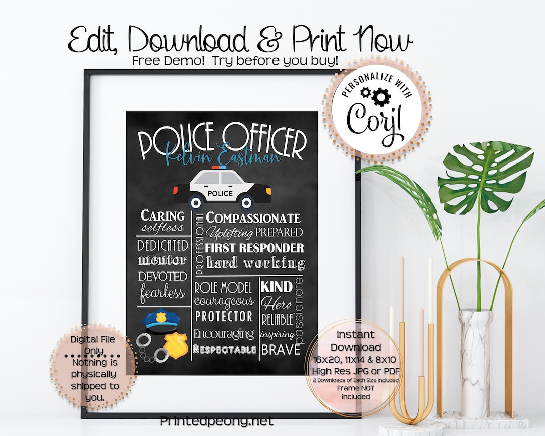 Personalized Printable Police Officer Wall Art Gift for Policeman Law ...