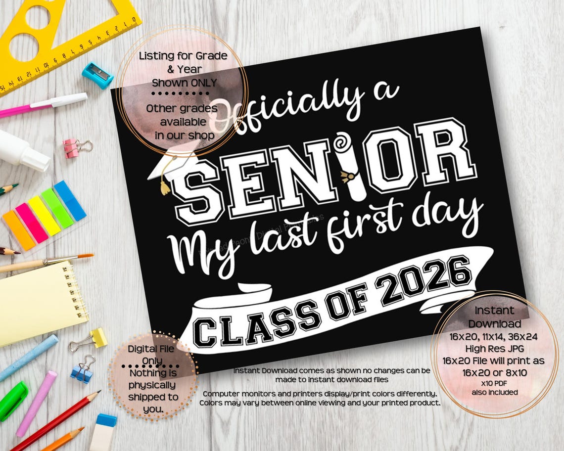 First Day of Senior Year Printable Sign First Day of School Sign 12th ...