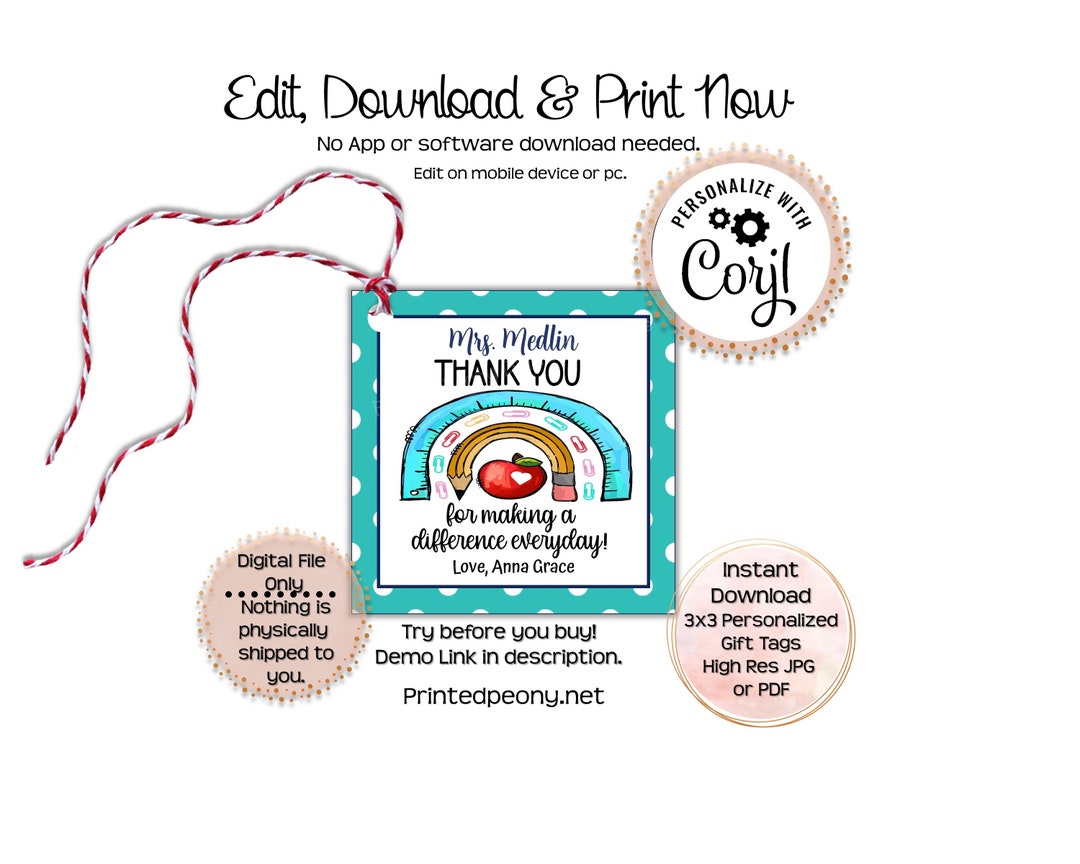 Personalized Printable Thank You for Making a Difference Gift Tag Gift ...