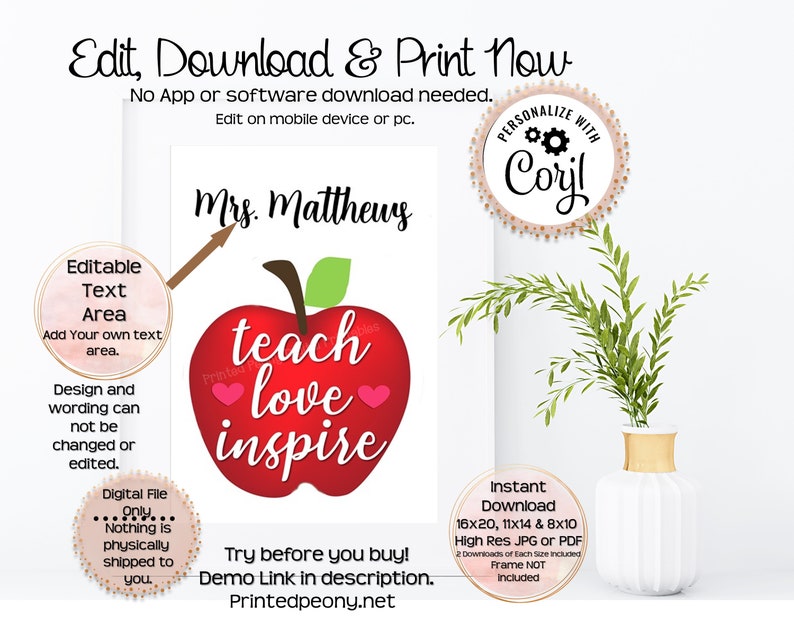 Personalized Printable Teacher Gift School Gift for Teacher Thank You ...