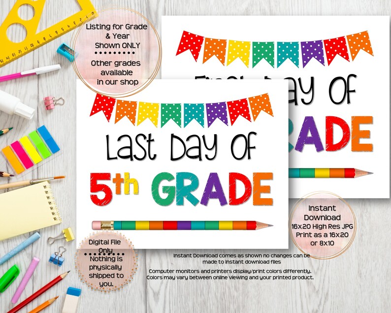 First & Last Day of Fifth Grade Sign 1st Day of School 5th Grade Photo ...