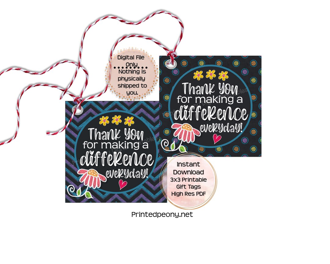 Thank You for Making a Difference Gift Tags Teacher Thank You Gift ...