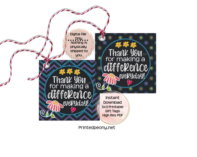 Thank You for Making a Difference Gift Tags Teacher Thank You Gift ...