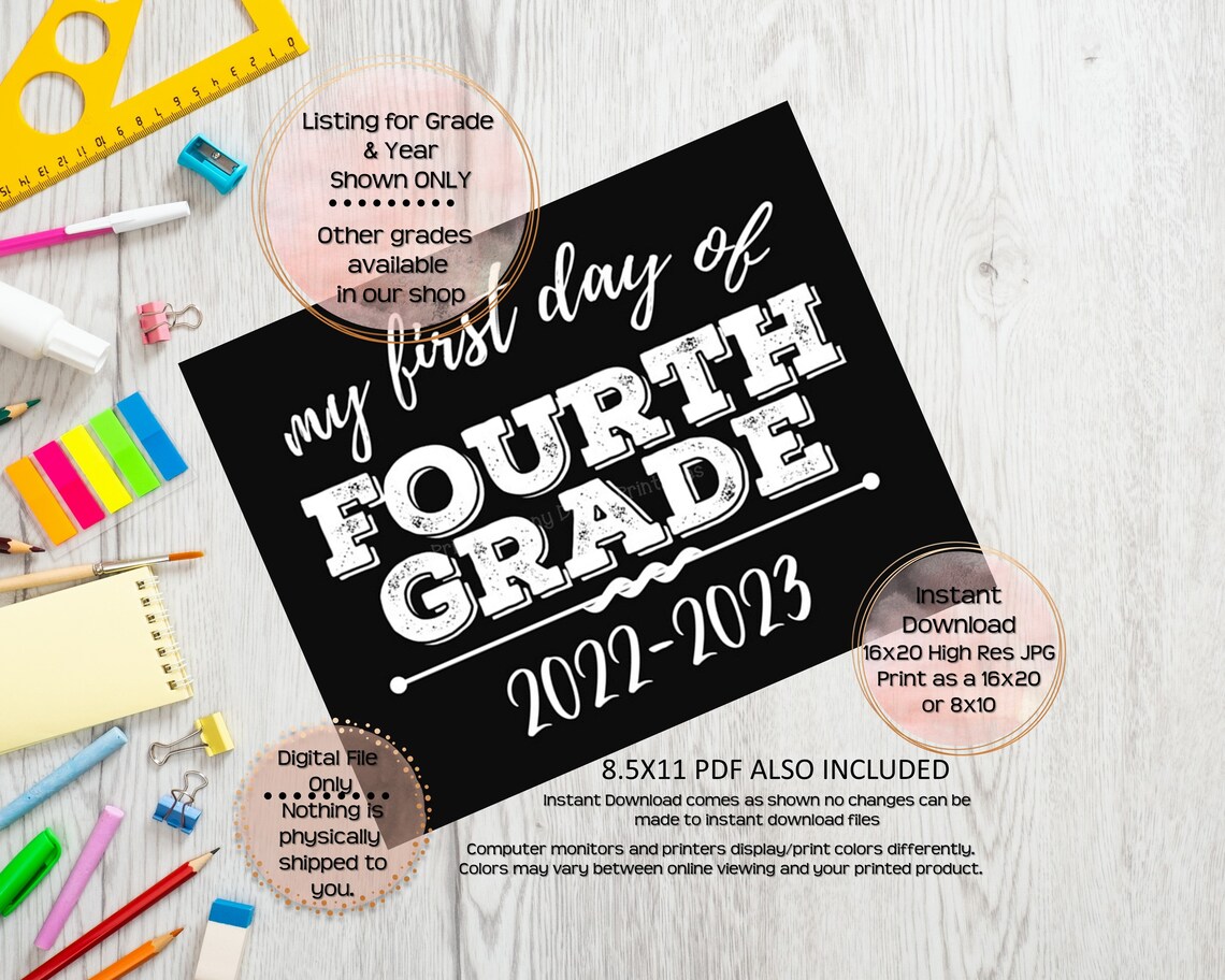 First Day of Fourth Grade Printable Sign First Day of School - Etsy