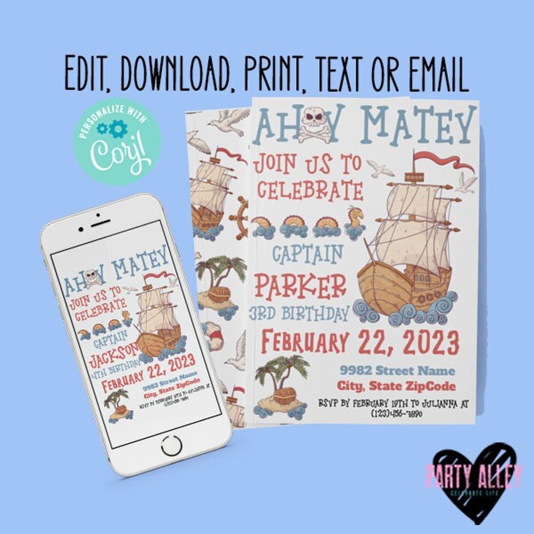 Editable Ahoy Matey Birthday Invitation Downloadable Invitation DIY ...