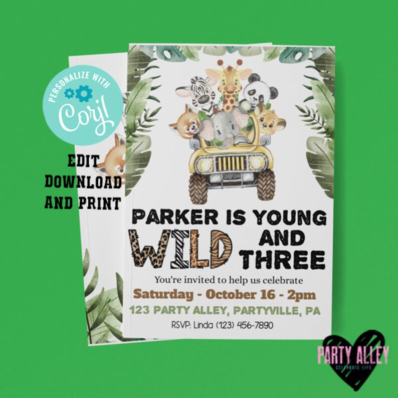 Editable Wild Theme Birthday Invitation Young Wild and Three - Etsy