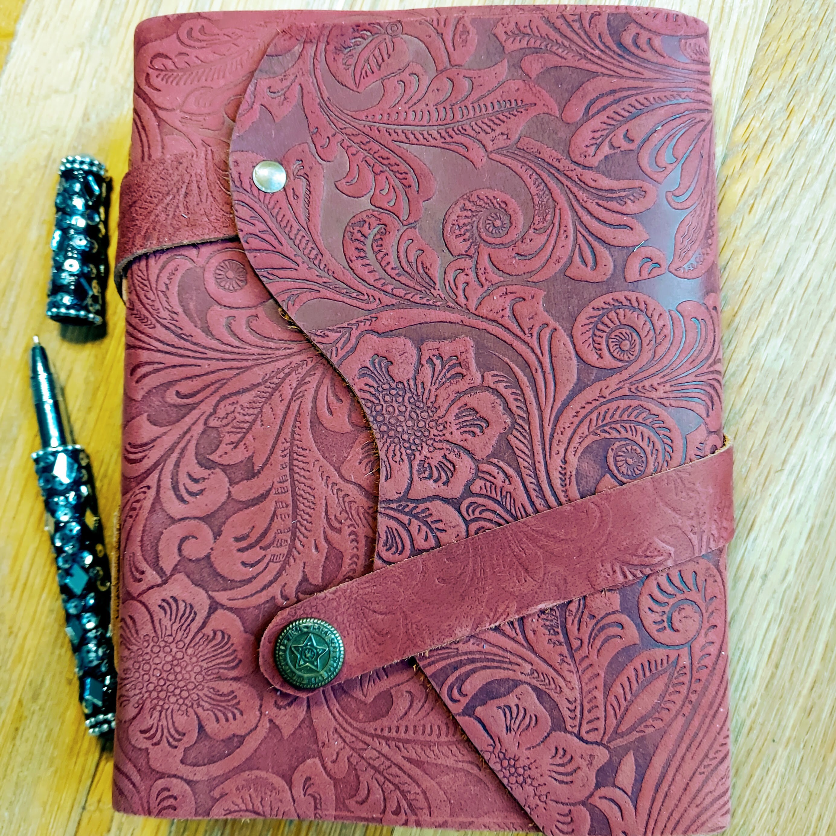 Personalized Red Leather Journal: Embossed Floral Design, Handmade ...