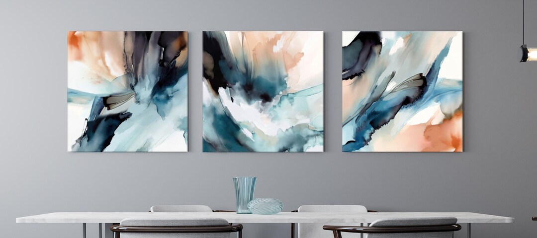 Large Horizontal Wall Art, Set of 3 Abstract Prints, Long Modern Canvas ...