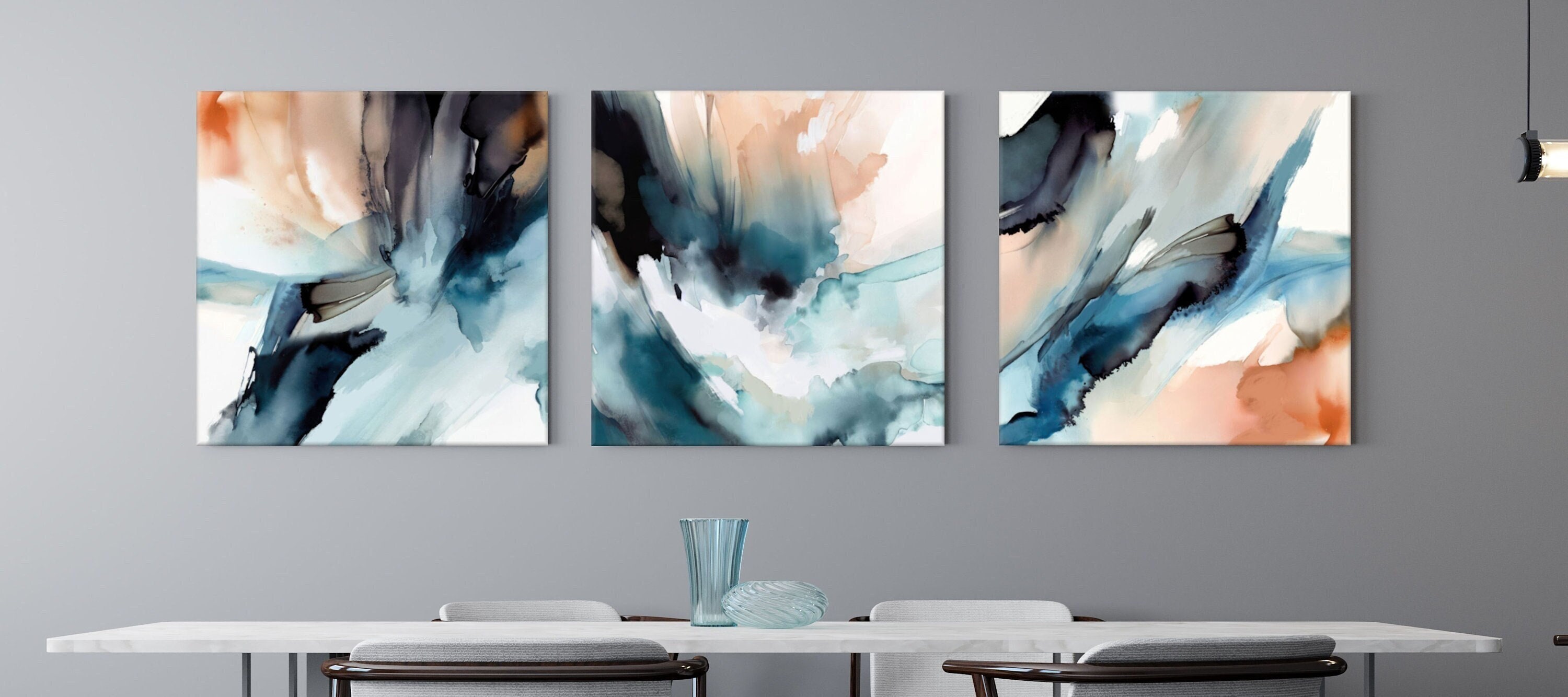 Large Horizontal Wall Art, Set of 3 Abstract Prints, Long Modern Canvas ...