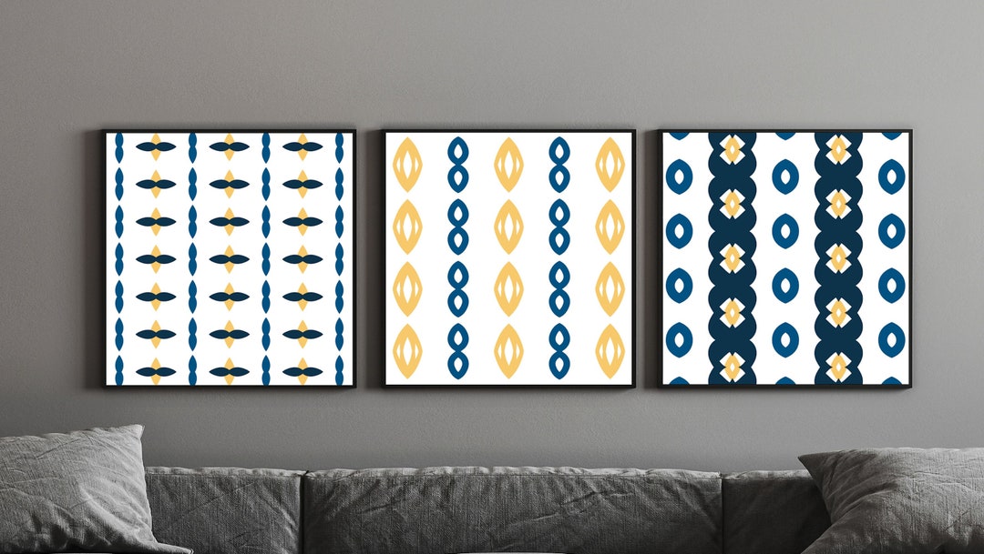 Blue and Yellow Art, Set of 3 Canvas Prints, Large Bedroom Wall Decor ...