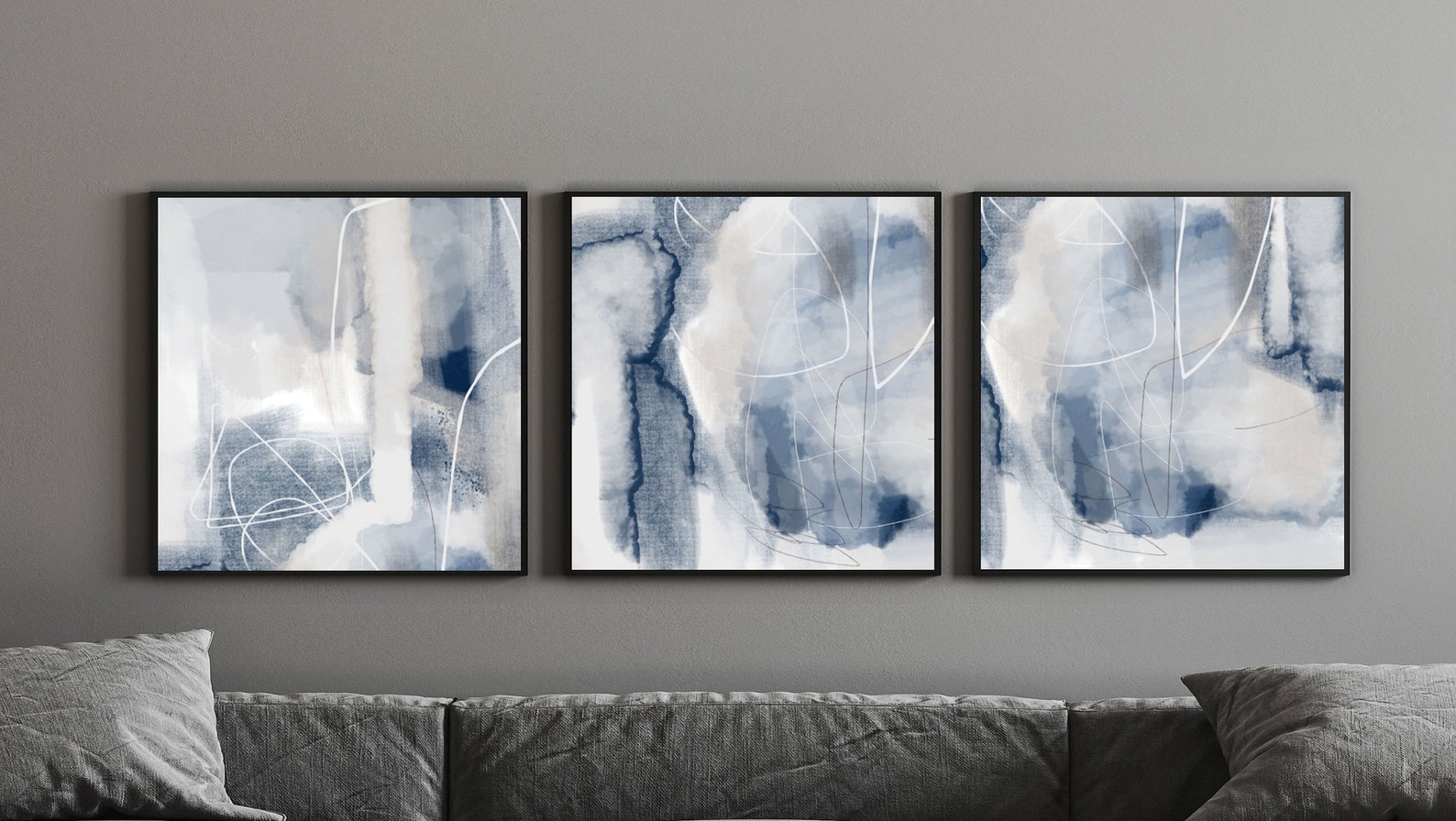 Blue and Gray Abstract Wall Art, Set of 3 Canvas Prints, Modern ...