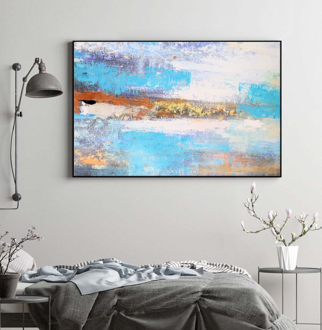 Large Abstract Landscape Print, Bright Blue Canvas Art, Modern Living ...