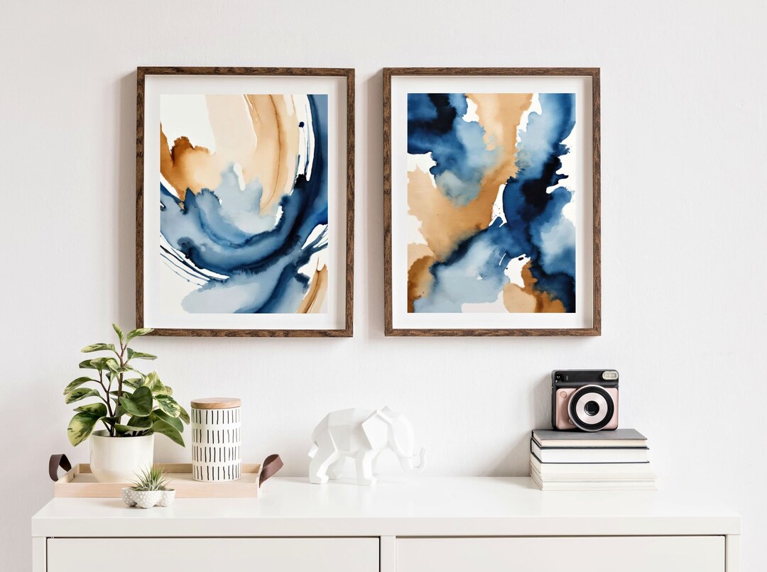 Abstract Watercolor Prints, Blue and Rust Set of 2 Artworks on Canvas ...
