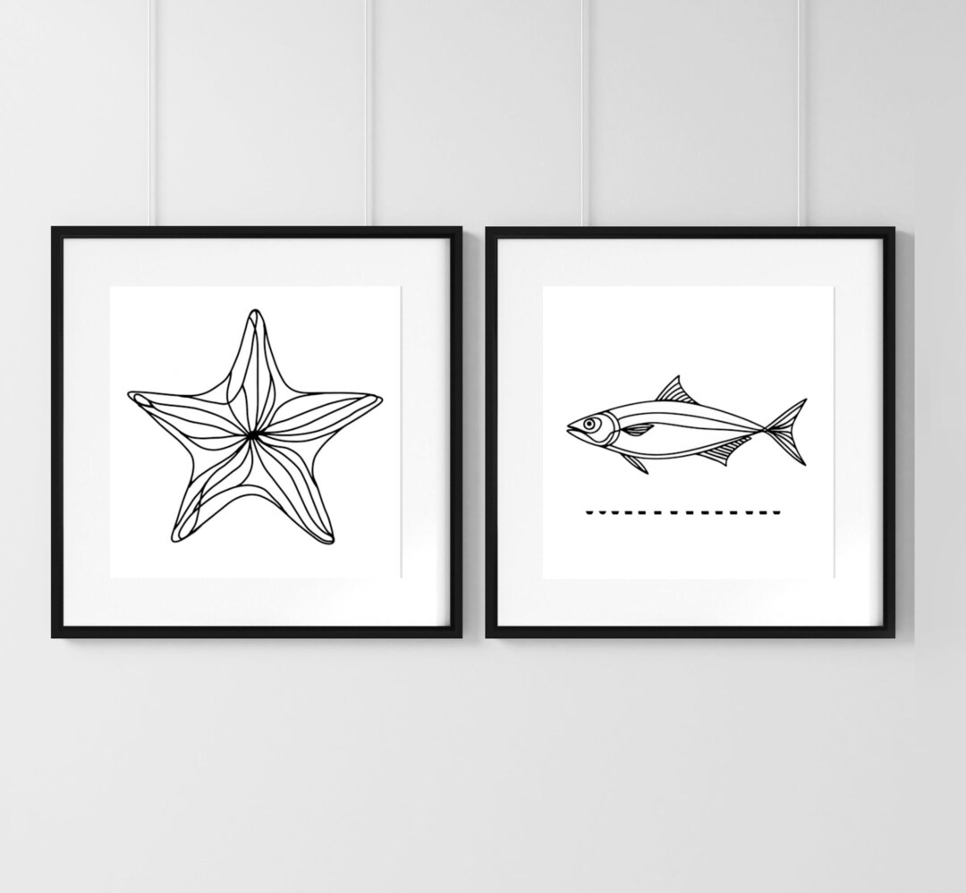 Coastal Line Art Prints: Fish & Starfish, Minimalist Beach Decor (set ...