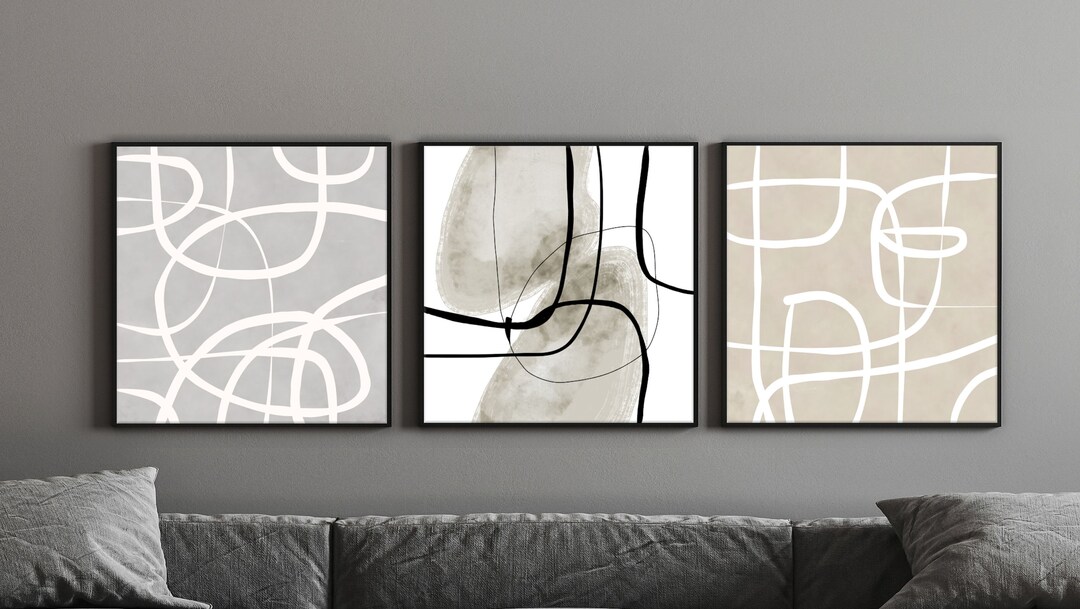 Line Art Set of 3 Neutral Abstract Canvas Prints, Modern Gray and Beige ...