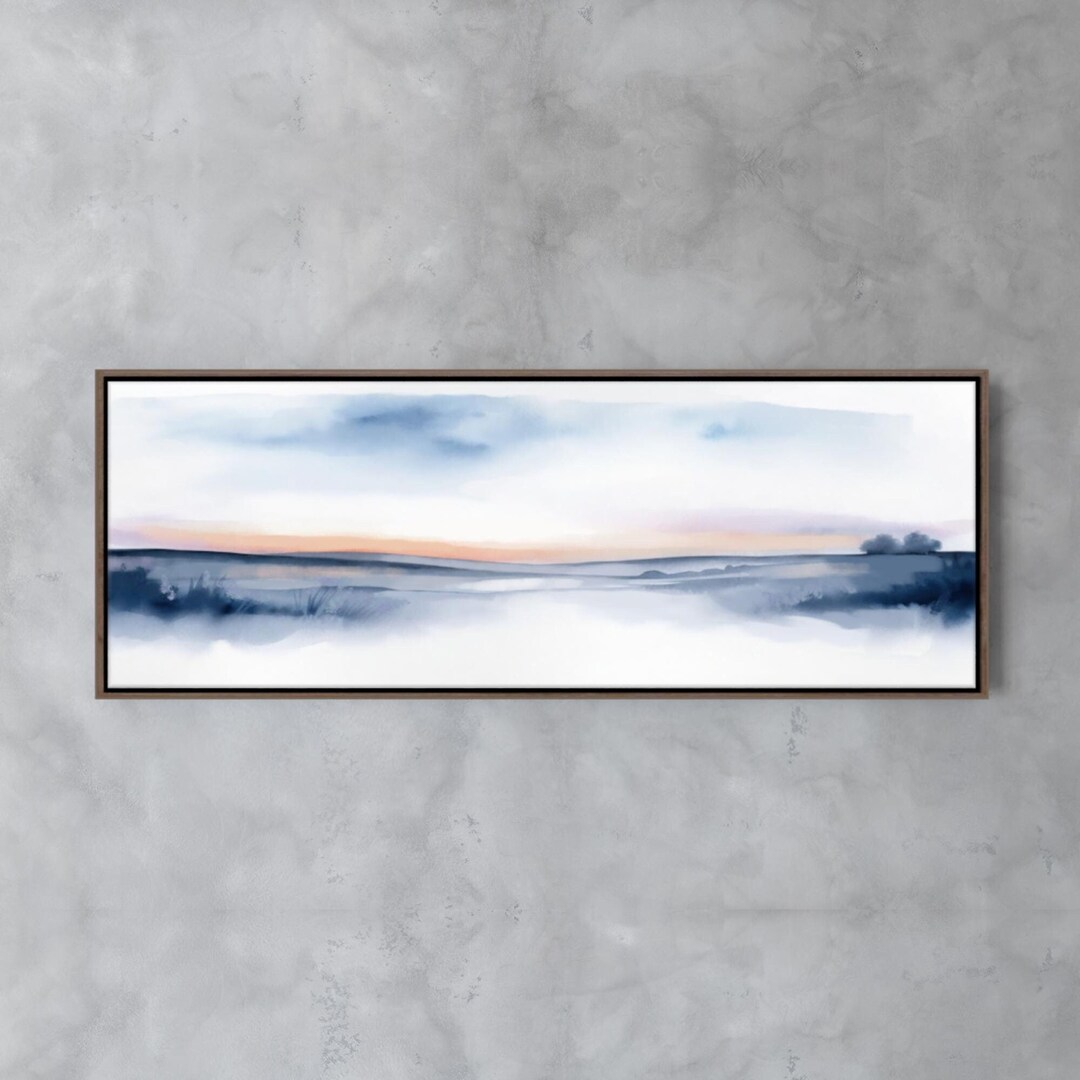 Navy Blue Art Landscape, Panoramic Nature Watercolor Canvas, Sunset ...