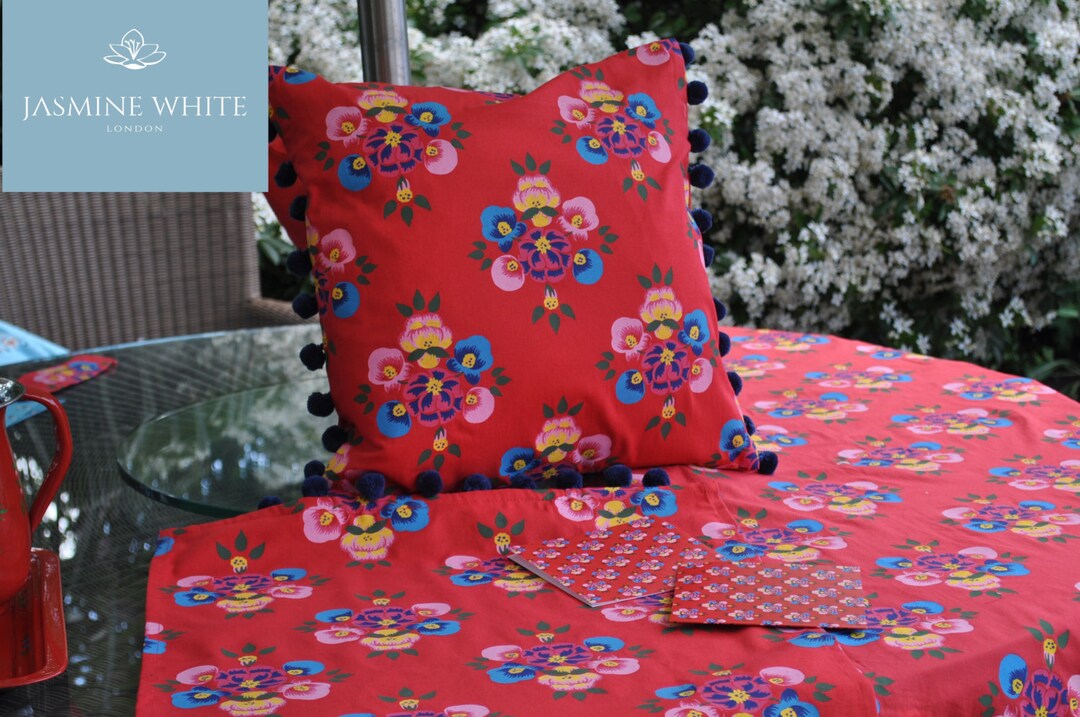 Bright Red Floral Splash Cushion With Pom Poms - Etsy