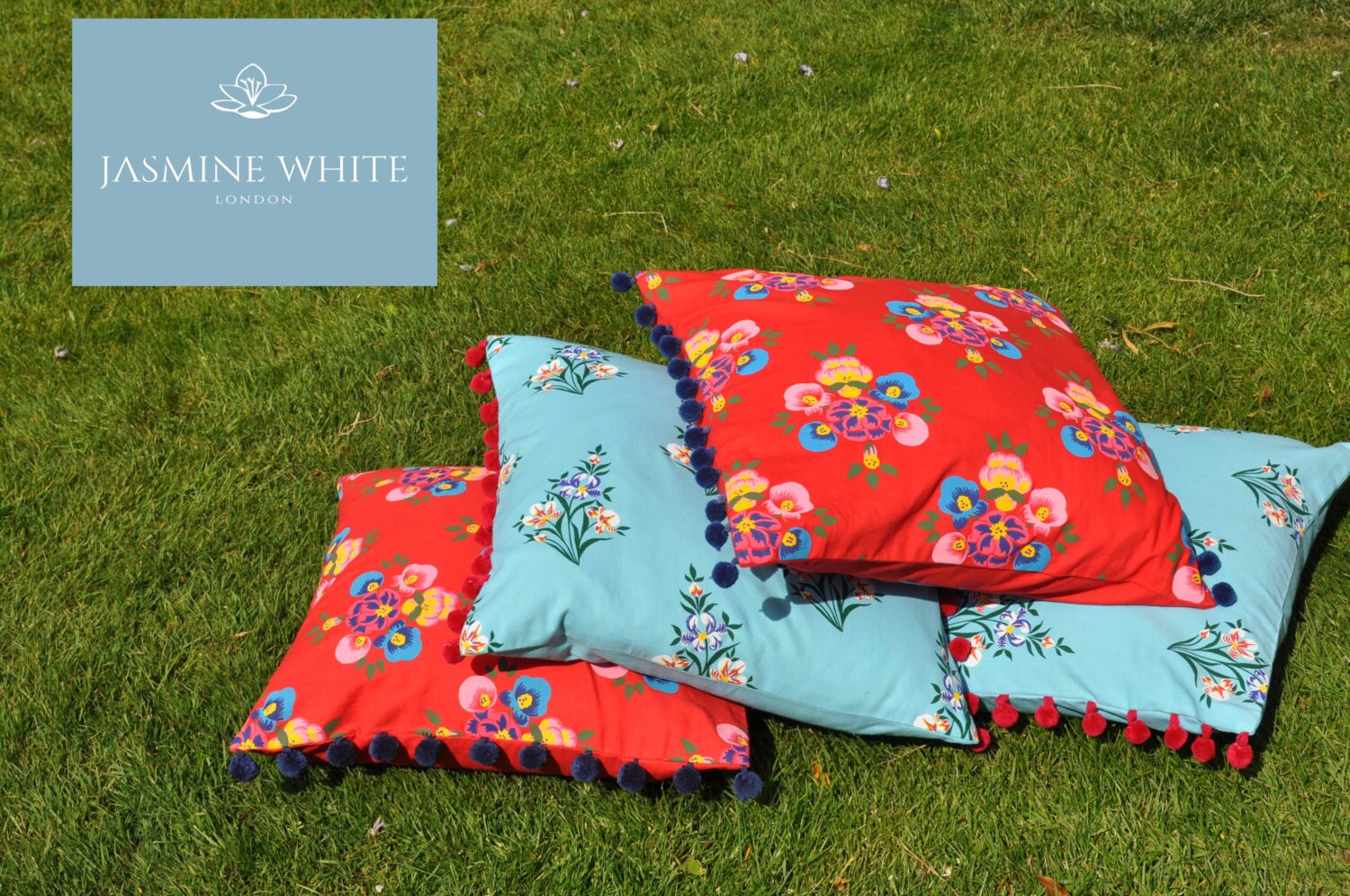 Bright Red Floral Splash Cushion With Pom Poms - Etsy