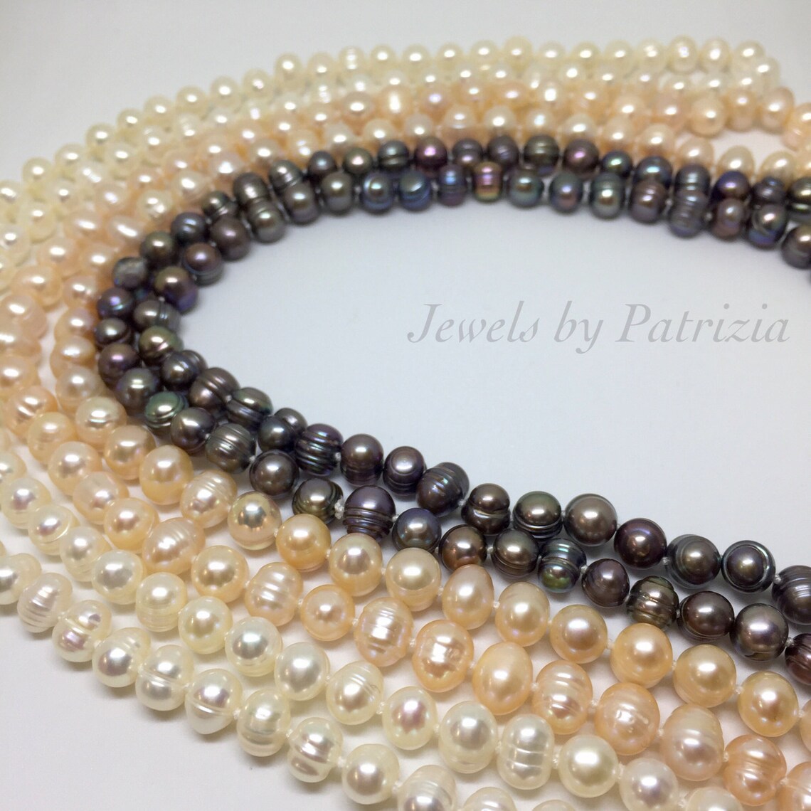 Long Freshwater Pearl Necklace, Hand Knotted Silk, White, Peach, Gray ...