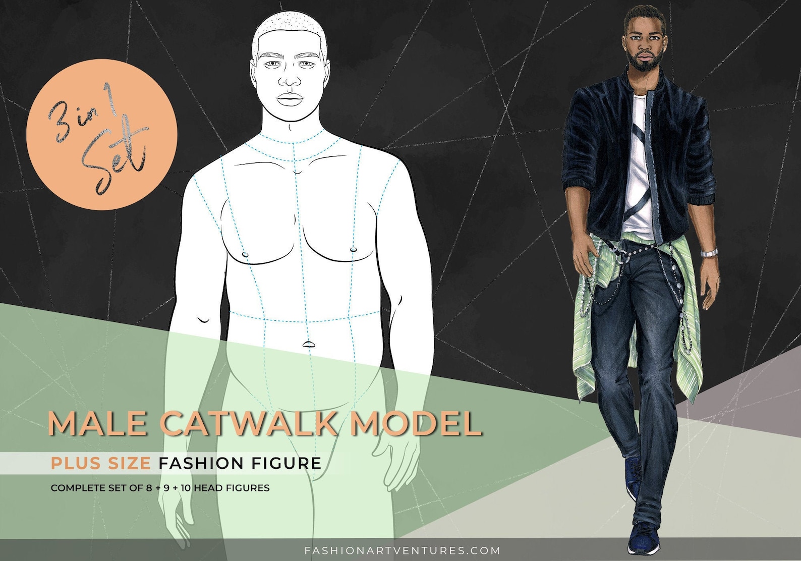 Plus Size Male Catwalk Model Printable 8+9+ 10 Head Croqui, Fashion ...
