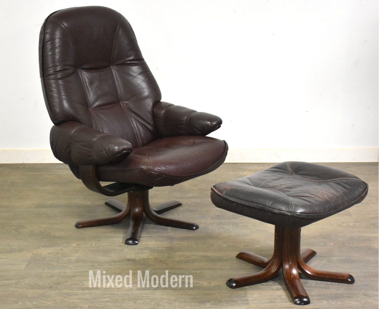 Danish Modern Leather Lounge Chair and Ottoman by Stouby Etsy