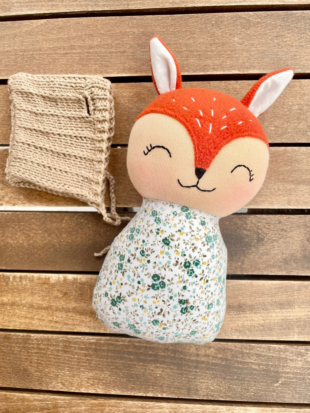Handmade Fox Swaddle Doll: Floral Cotton, Knitted Bonnet - Etsy