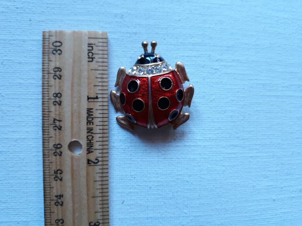 Vintage Signed Bejeweled Red and Black Ladybug With Gold Plating Brooch ...
