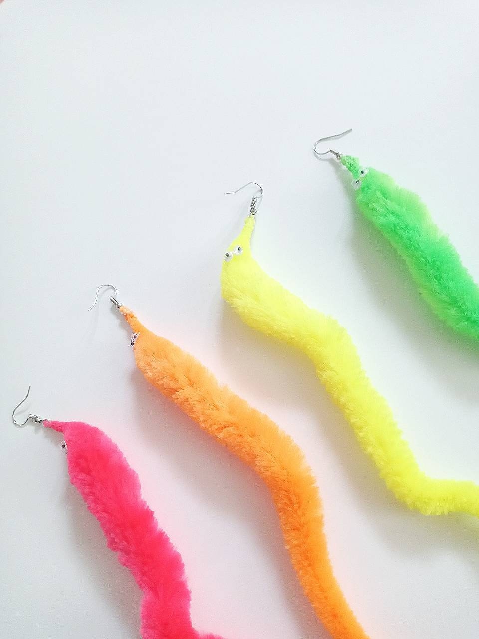 Fuzzy Woolly Neon Worm Toy Hook Costume Earrings | Etsy