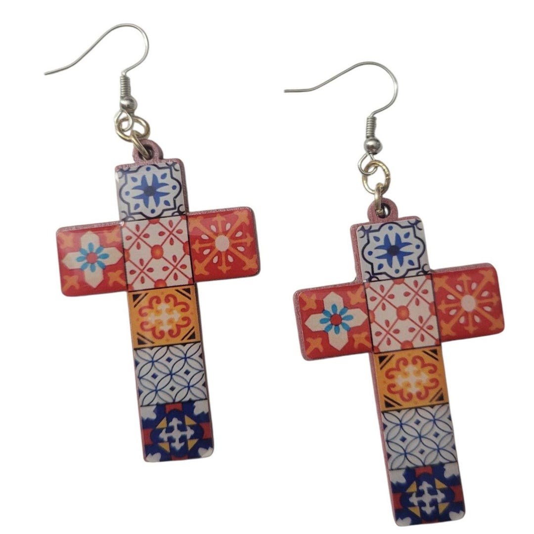 Colorful Mosaic Tile Cross Dangle Earrings - Etsy