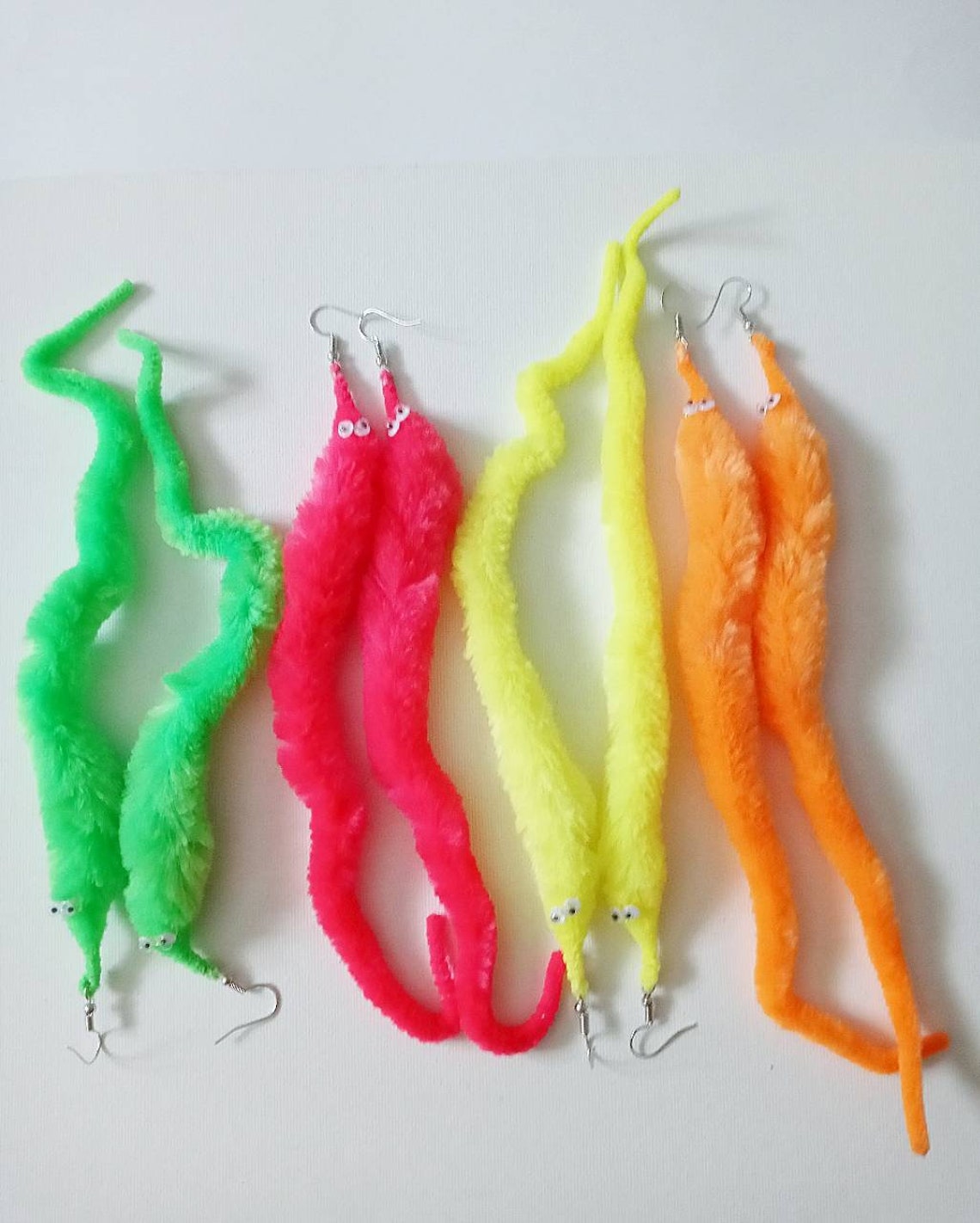 Fuzzy Woolly Neon Worm Toy Hook Costume Earrings - Etsy
