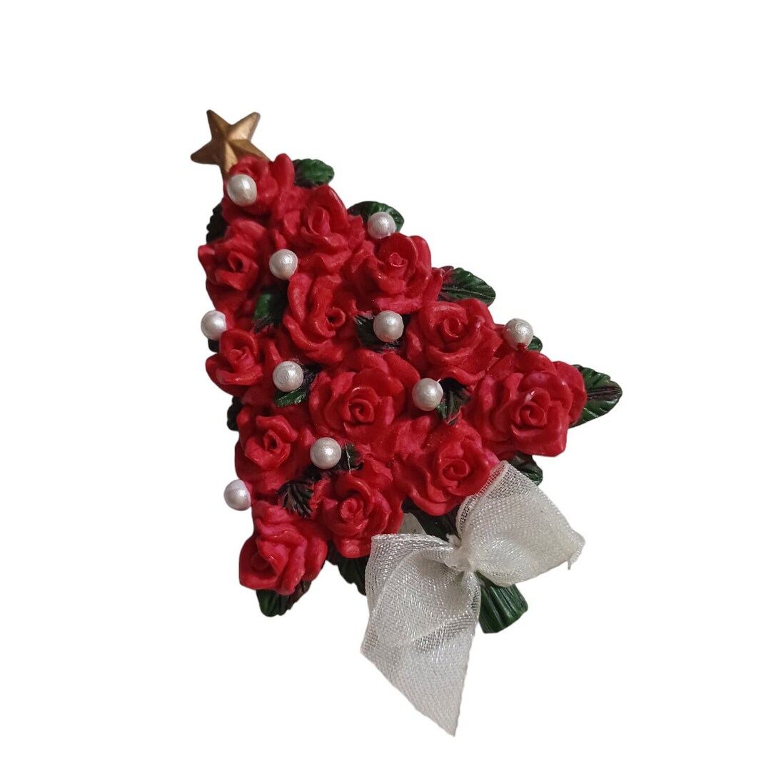 Vintage Avon Christmas Tree With Roses, Pearls, Ribbon Sweater Brooch ...