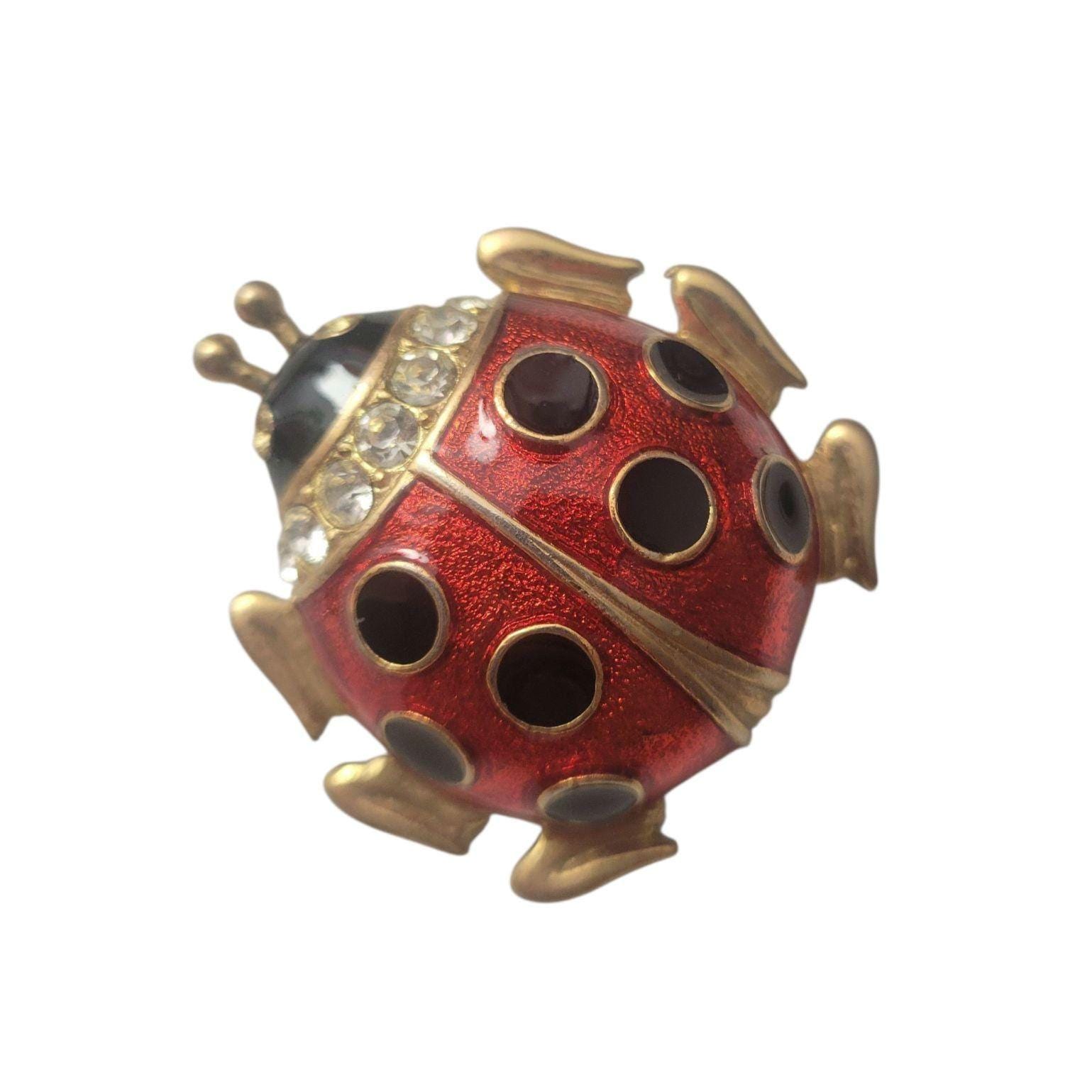 Vintage Signed Bejeweled Red and Black Ladybug With Gold Plating Brooch ...