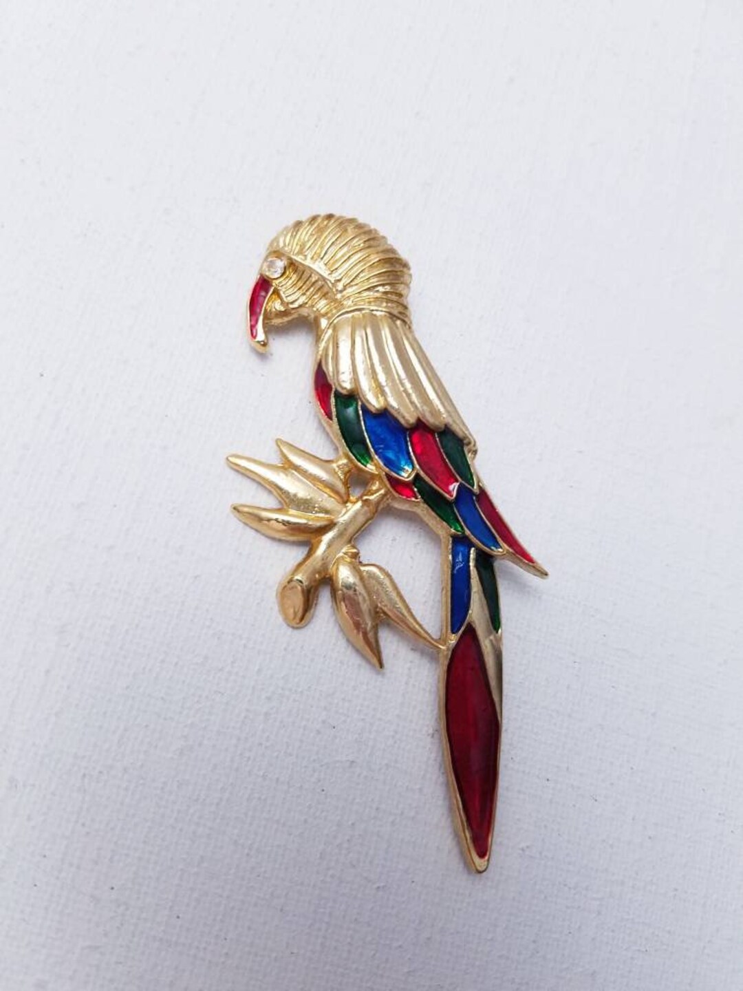 Vintage Tropical Large Multicolored and Gold Parrot With Rhinestone Eye ...