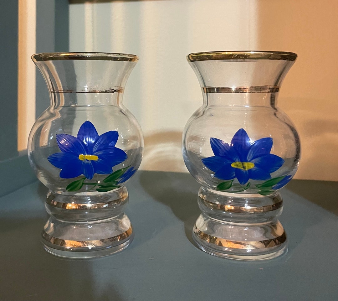 Set of 2 Vintage BARTLETT COLLINS 4 Vase Gold Trim Handpainted Blue ...