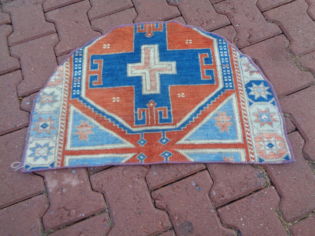 2.4x1.6ft Semi Circle Vintage Rug, Hand Knotted Doormat, Eagle Design ...