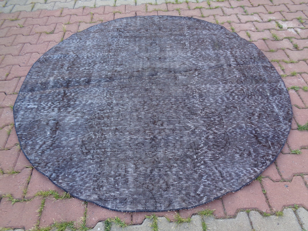 Gray Circular Rug, Vintage Round Rug, Rustic Bathroom Carpet 5.7x5.7 Ft ...