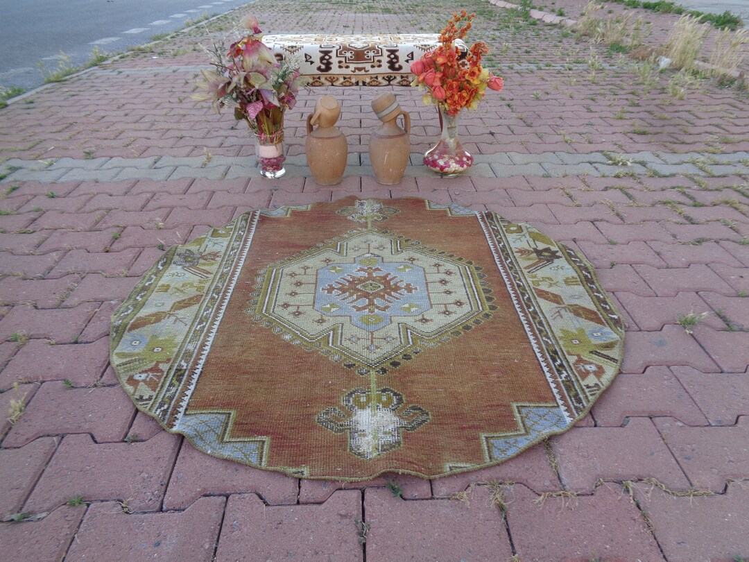 Brown Circle Rug, Vintage Round Rug, Hand Crafted Small Rug, Slipless ...