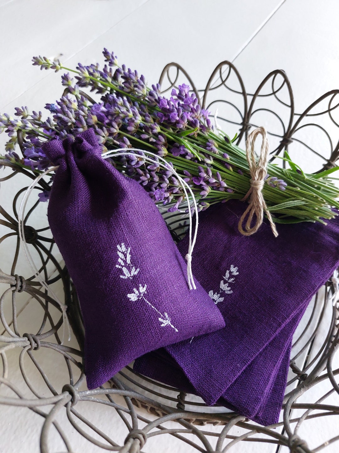 Purple Linen Aroma Sachet: White Lavender Print, Empty Favor Bag - Etsy