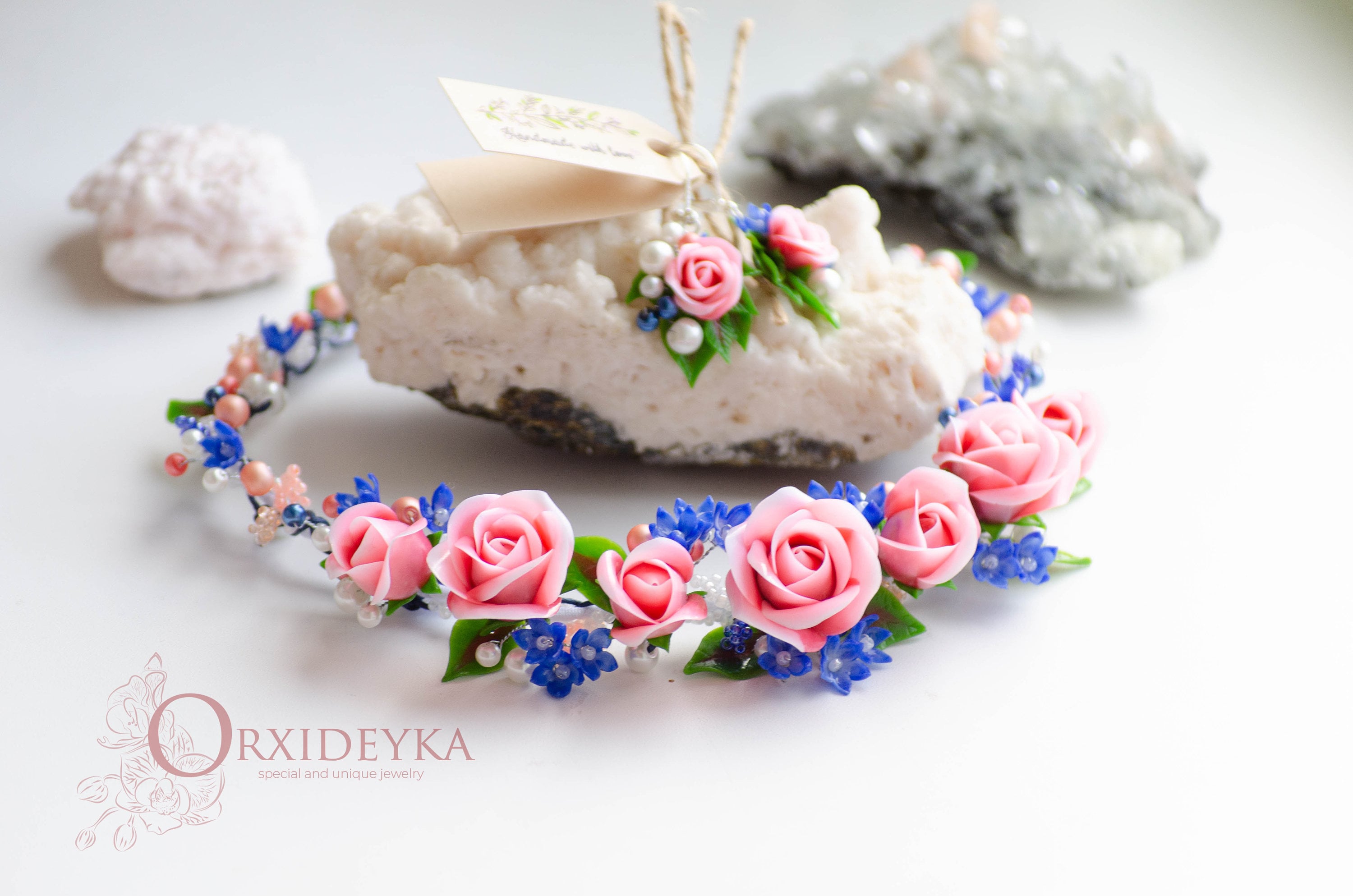 Rose jewelry set pink blue rose necklace rose earrings | Etsy