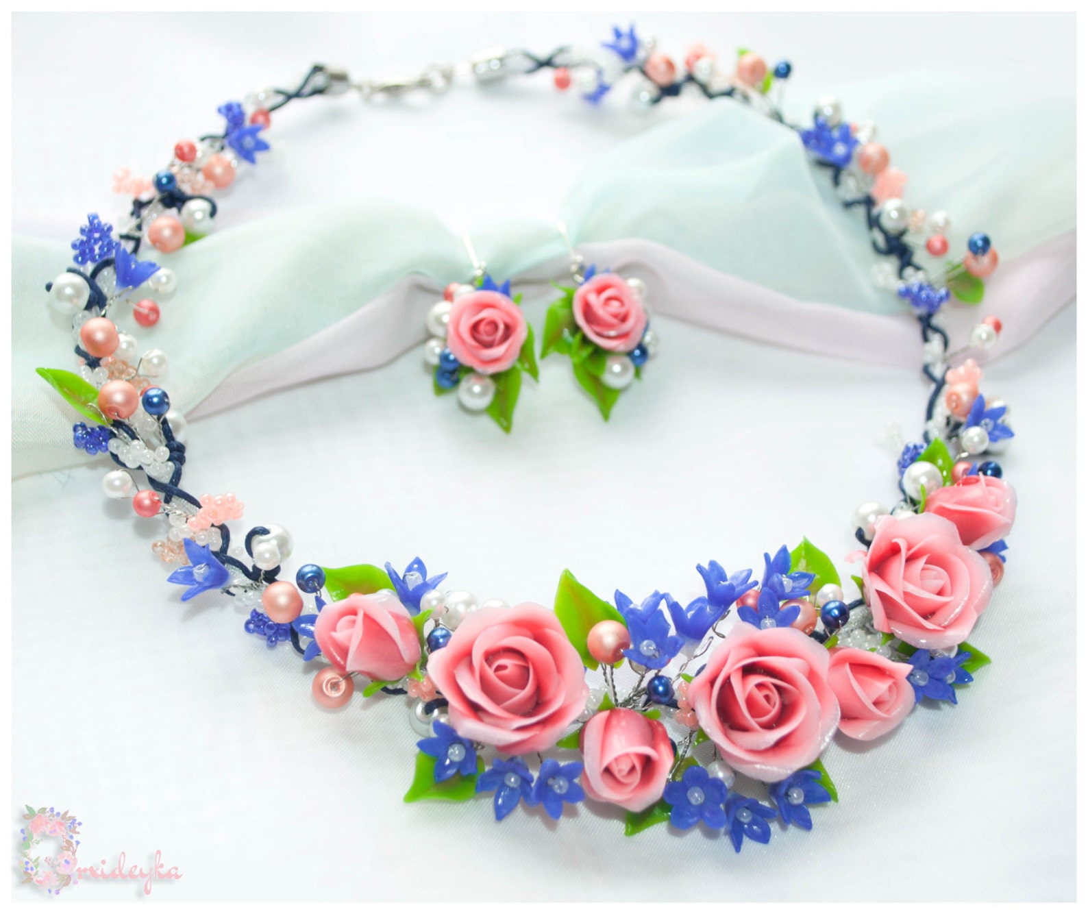 Rose Jewelry Set Pink Blue Rose Necklace Rose Earrings - Etsy